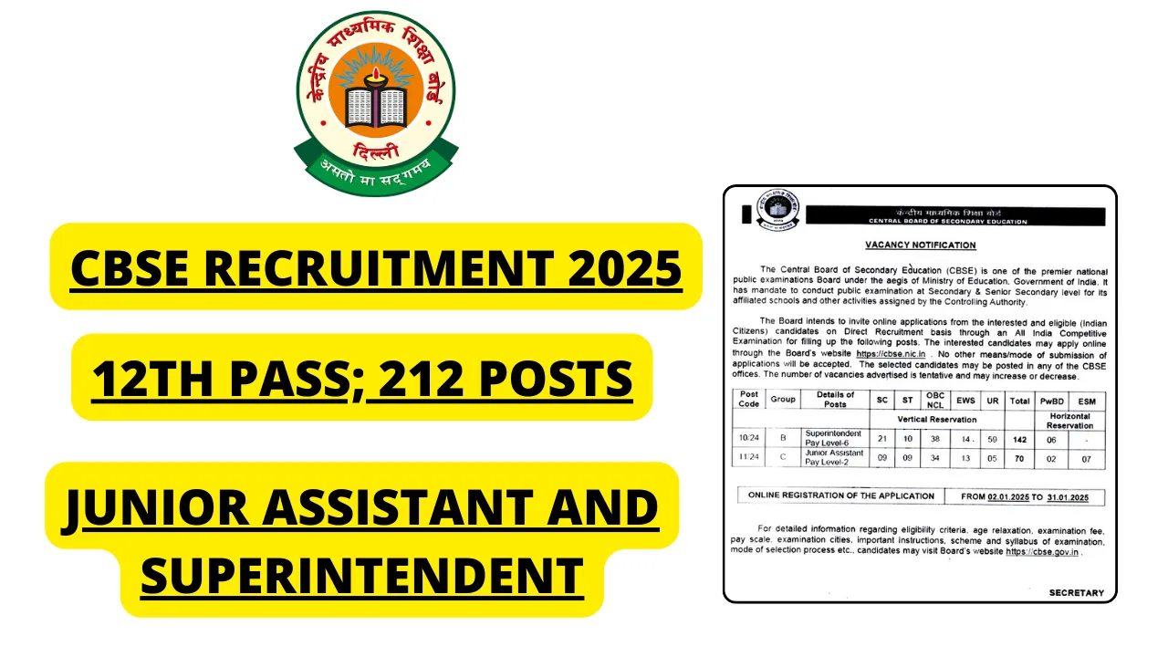 CBSE Recruitment 2025: Junior Assistant and Superintendent 212 Posts ... CBSE Recruitment 2025: Junior Assistant and Superintendent 212 Posts ...